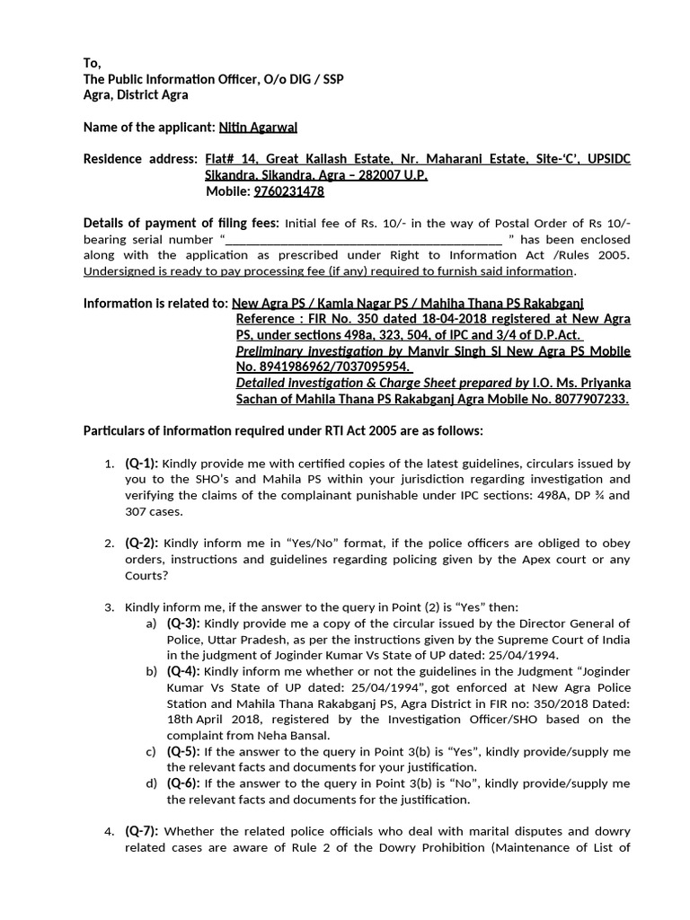 Template For RTI After 498a Charge Sheet | PDF