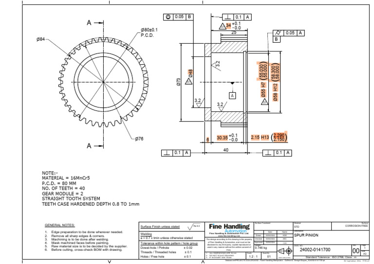 Material 16Mncr5 P.C.D. 80 MM No. of Teeth 40 Gear Module 2 Straight ...