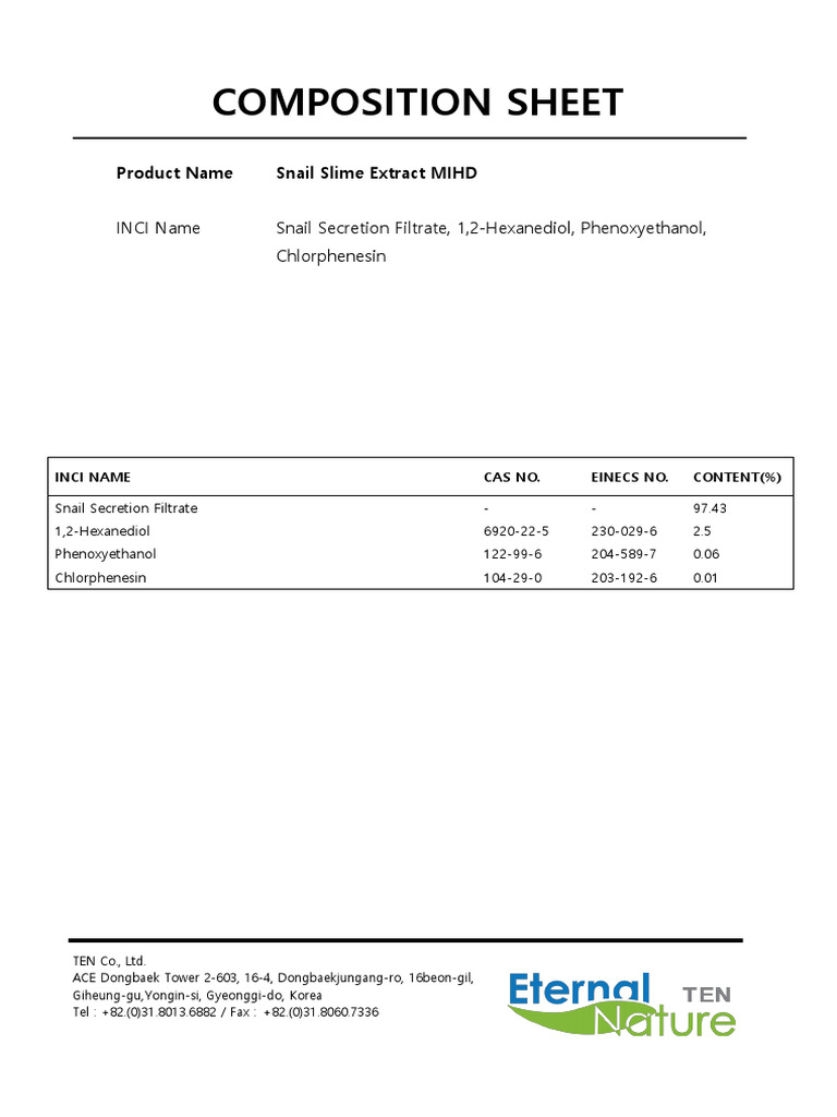 Snail Slime Extract MIHD - Composition | PDF