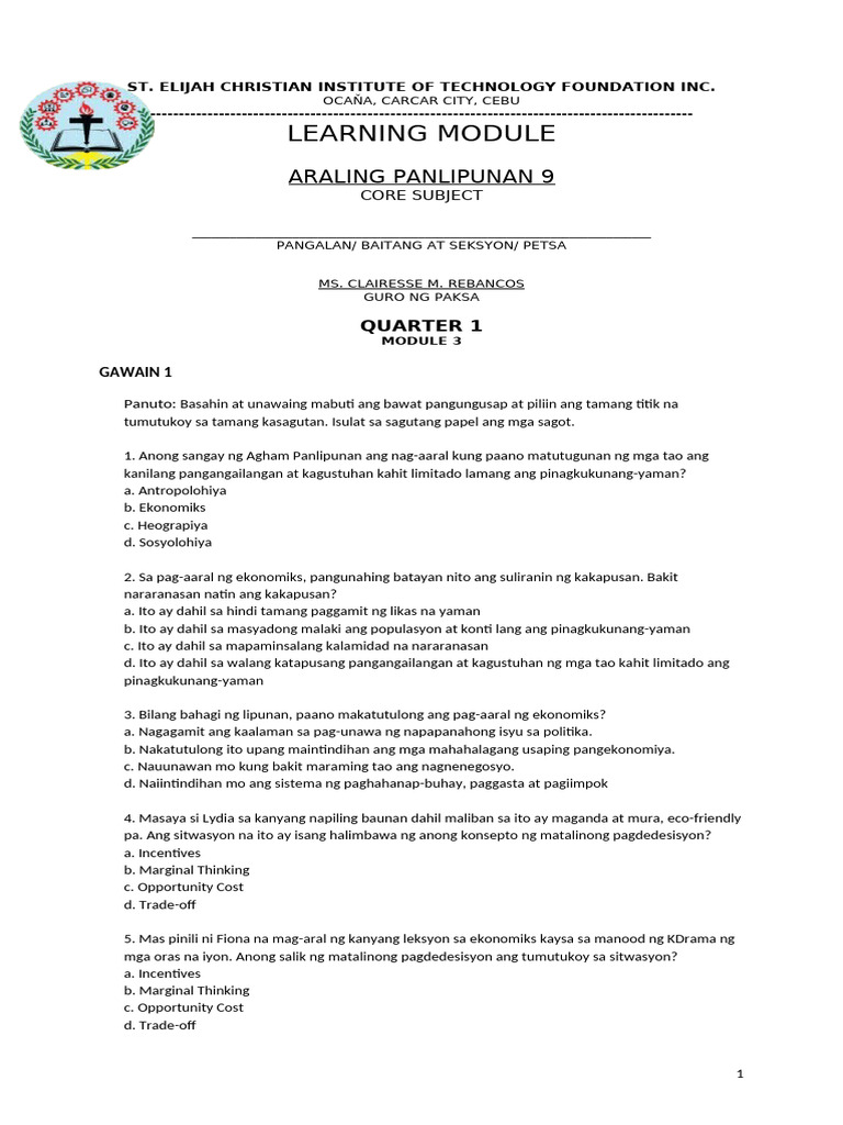 AP 9 (Q1) Module 3 (Joshua & Jeremiah) | PDF | Wellness