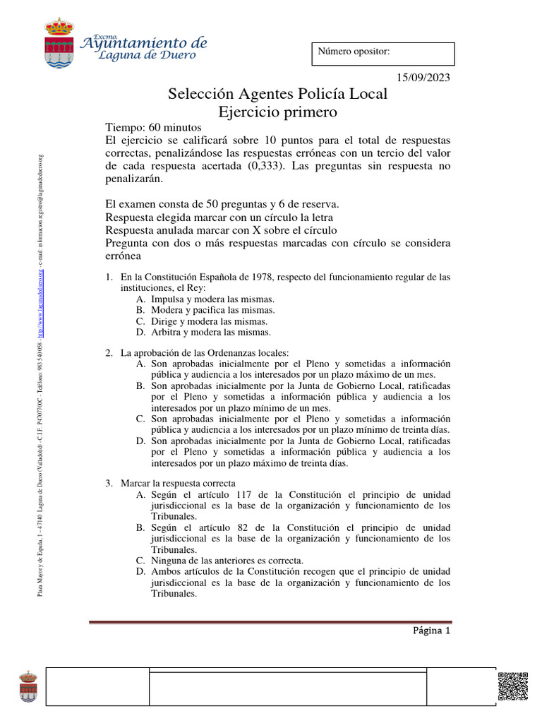 Examen Policia Local Laguna 2023 | PDF | Gobierno | Justicia
