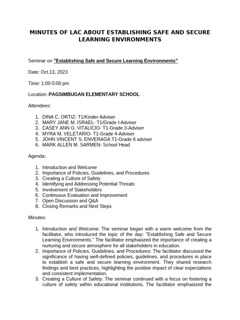 Establishing A Safe and Secure Learning Environment | PDF | Evaluation | Career & Growth