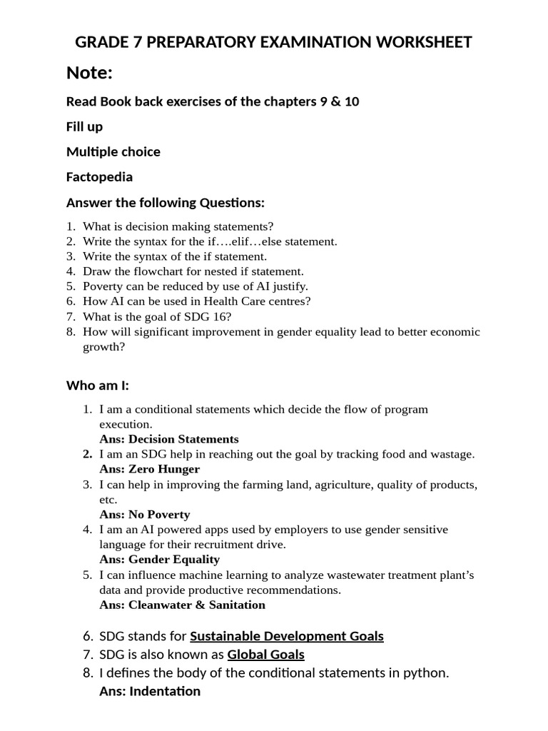 Grade 7 Preparatory Examination Worksheet | PDF