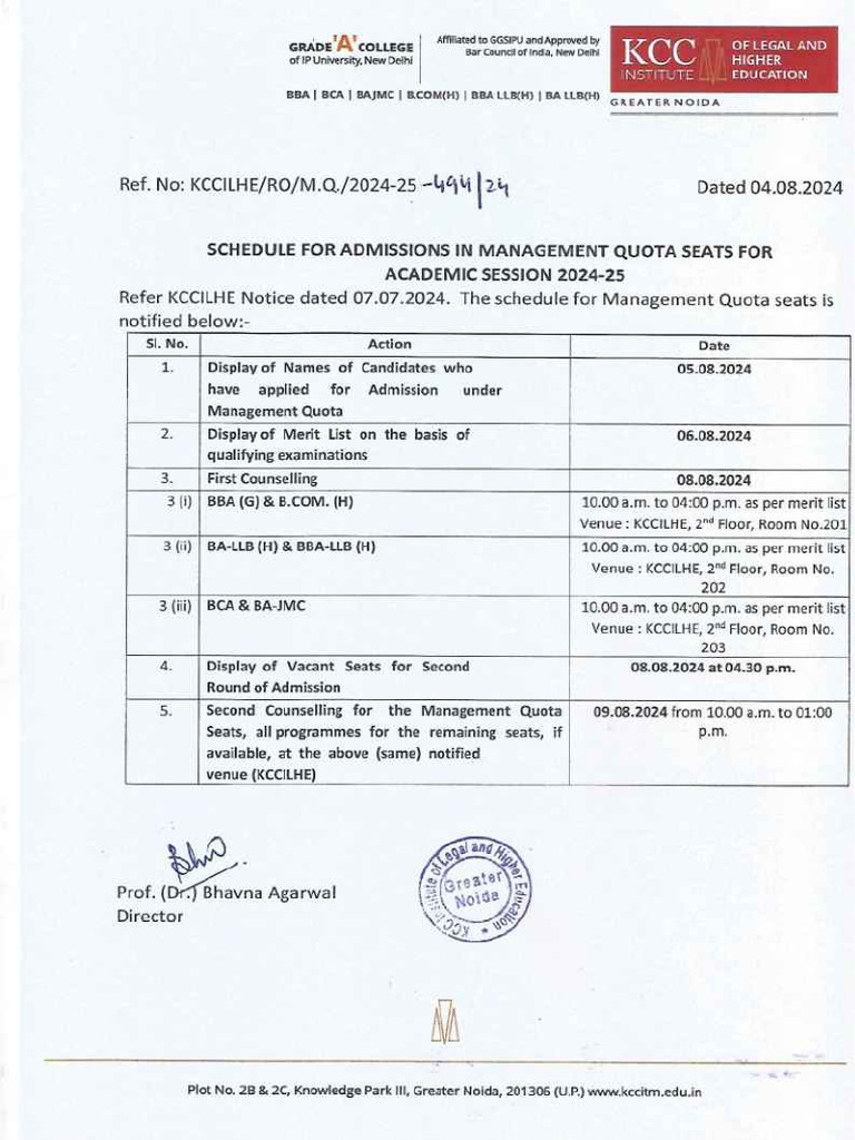 KCC - Counselling Schedule & List of Applicants For Management Quota Admissions For KCC 2024 ...