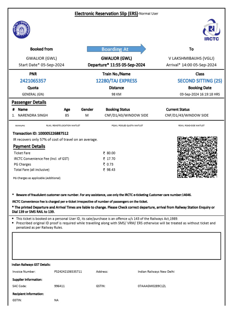 12280/TAJ EXPRESS Second Sitting (2S) | PDF