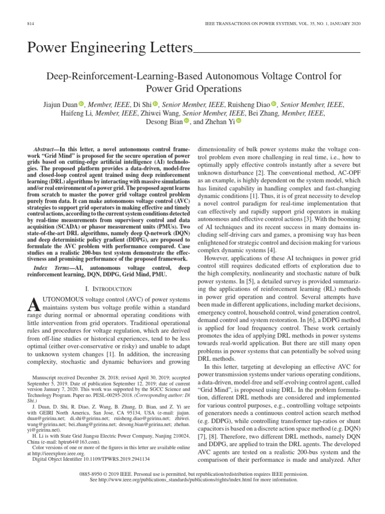 Deep-Reinforcement-Learning-Based Autonomous Voltage Control For Power Grid Operations | PDF