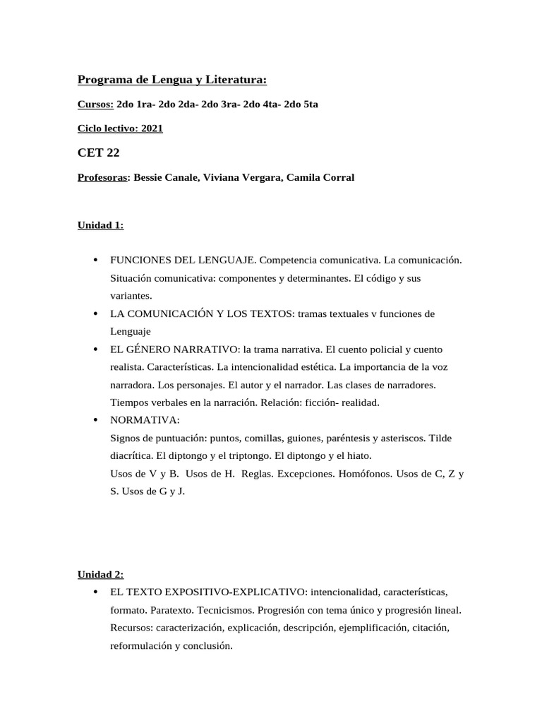 Programa de Lengua y Literatura 2do Año 2021 | PDF