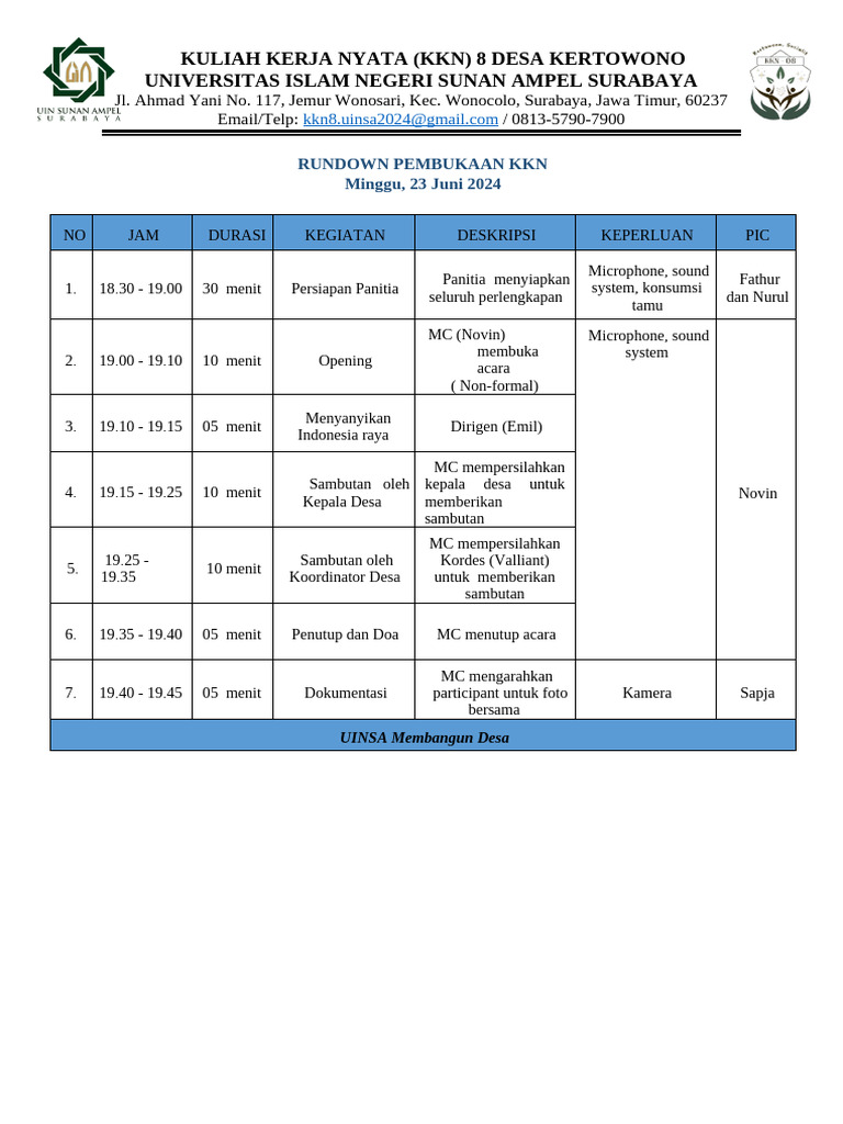 RUNDOWN PEMBUKAAN KKN - Kertowono | PDF