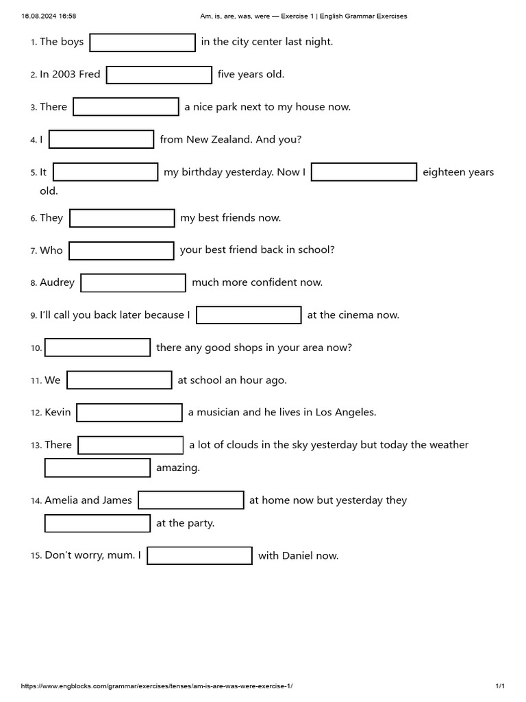 Am, Is, Are, Was, Were - Exercise 1 - English Grammar Exercises | PDF