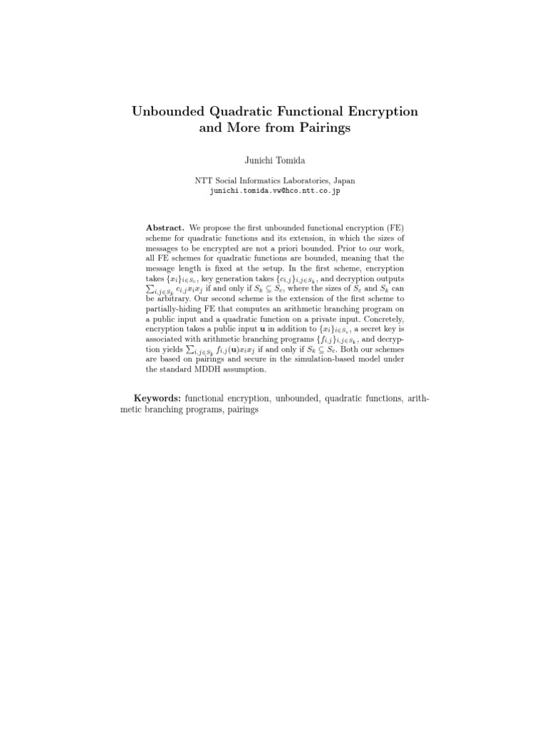 Unbounded Quadratic Functional Encryption and More From Pairings | PDF