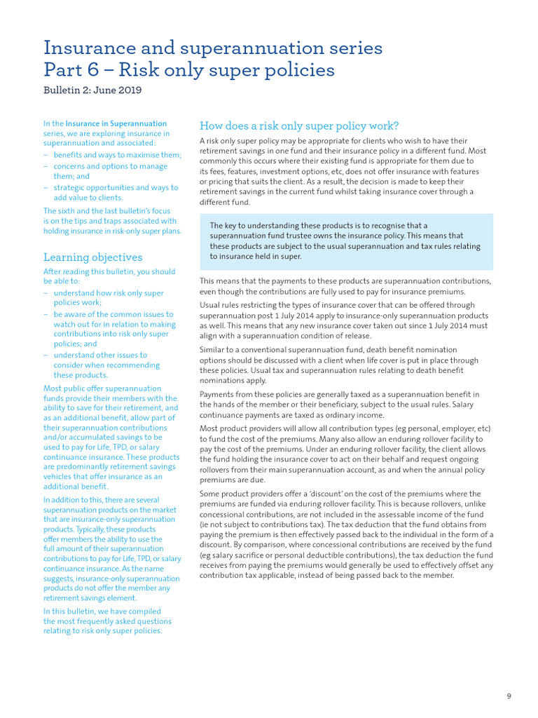 Insurance and Superannuation Part 6 - Risk Only Super Policies | PDF