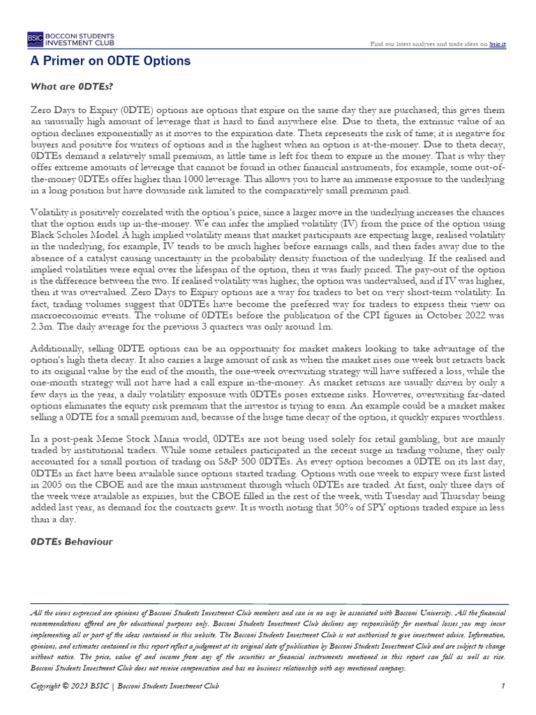 A Primer On 0DTE Options | PDF