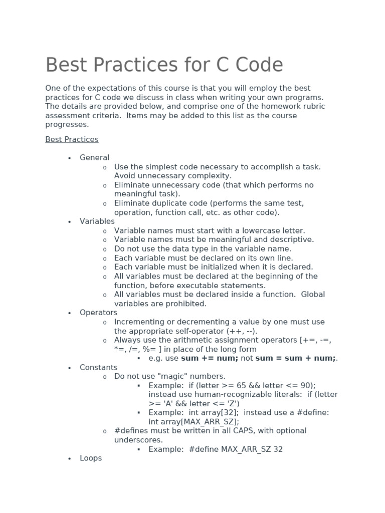 Best Practices For C Code Pdf Variable Computer Science