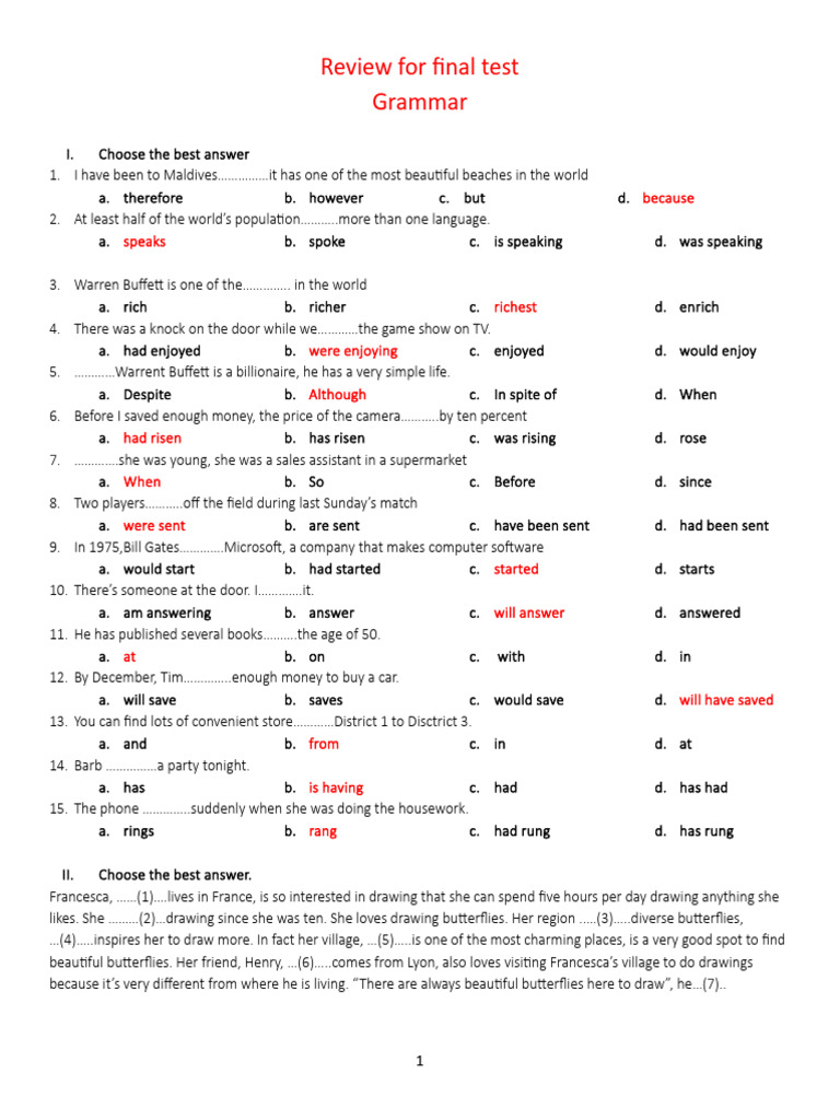 Review for Grammar final test - Cao học UEF | PDF