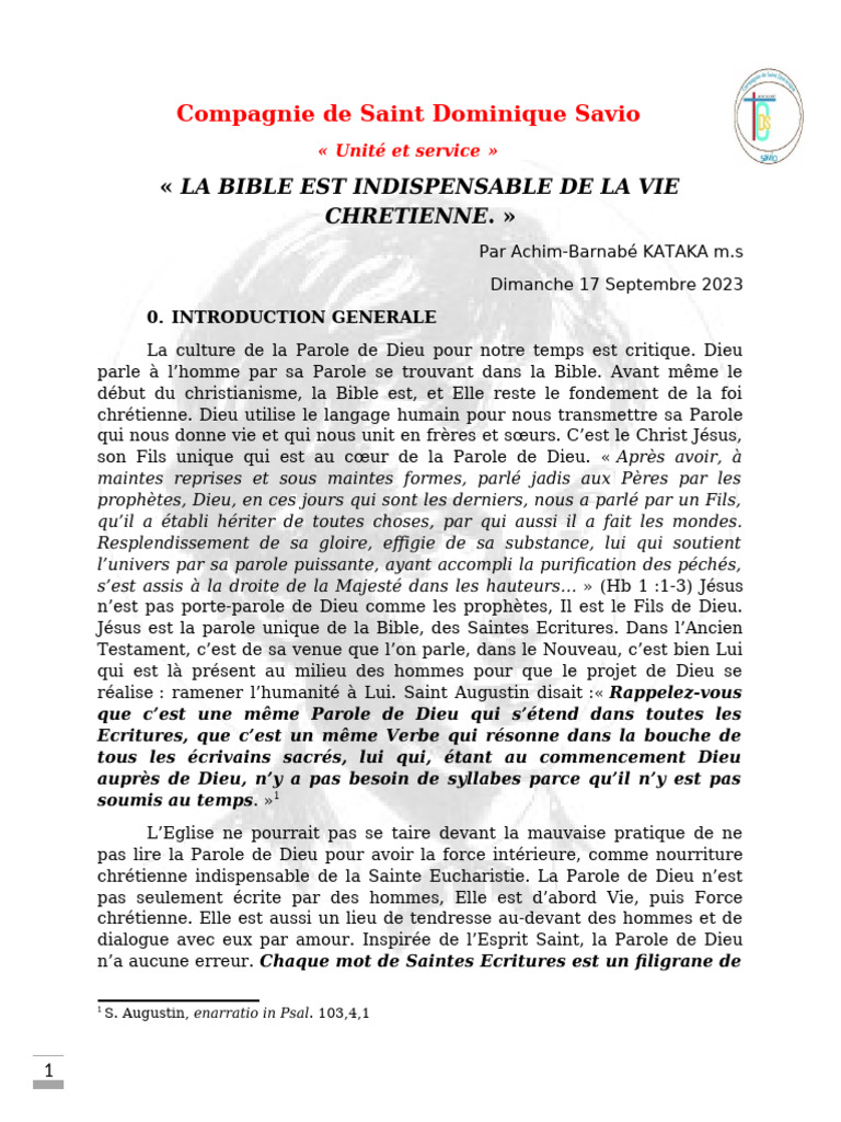 La Bible Est Indispensable de La Vie Chretienne. 2023 Achimbaranabe | PDF