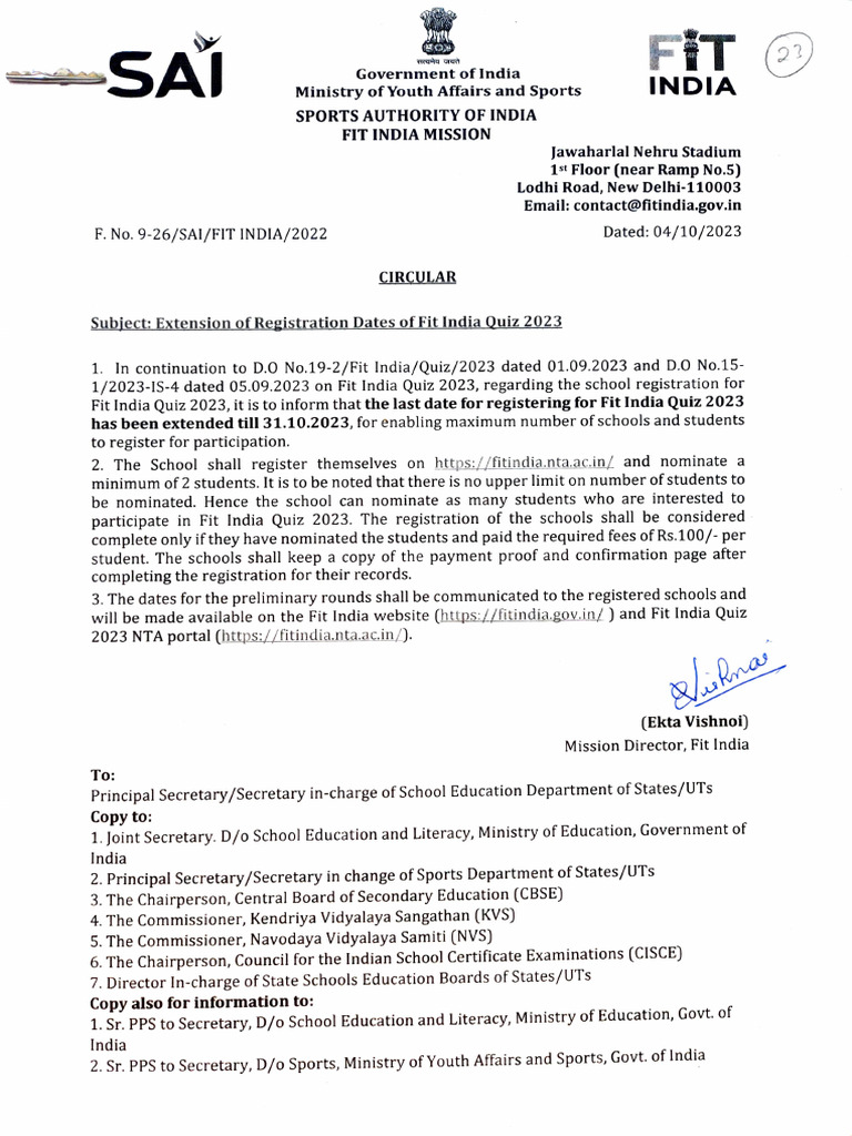 FitIndia Quiz 2023 Circular Guidelines | PDF