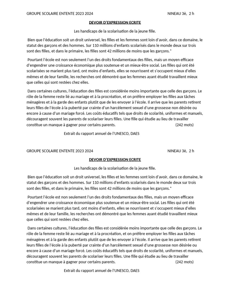 DEVOIR RESUME 3è | PDF