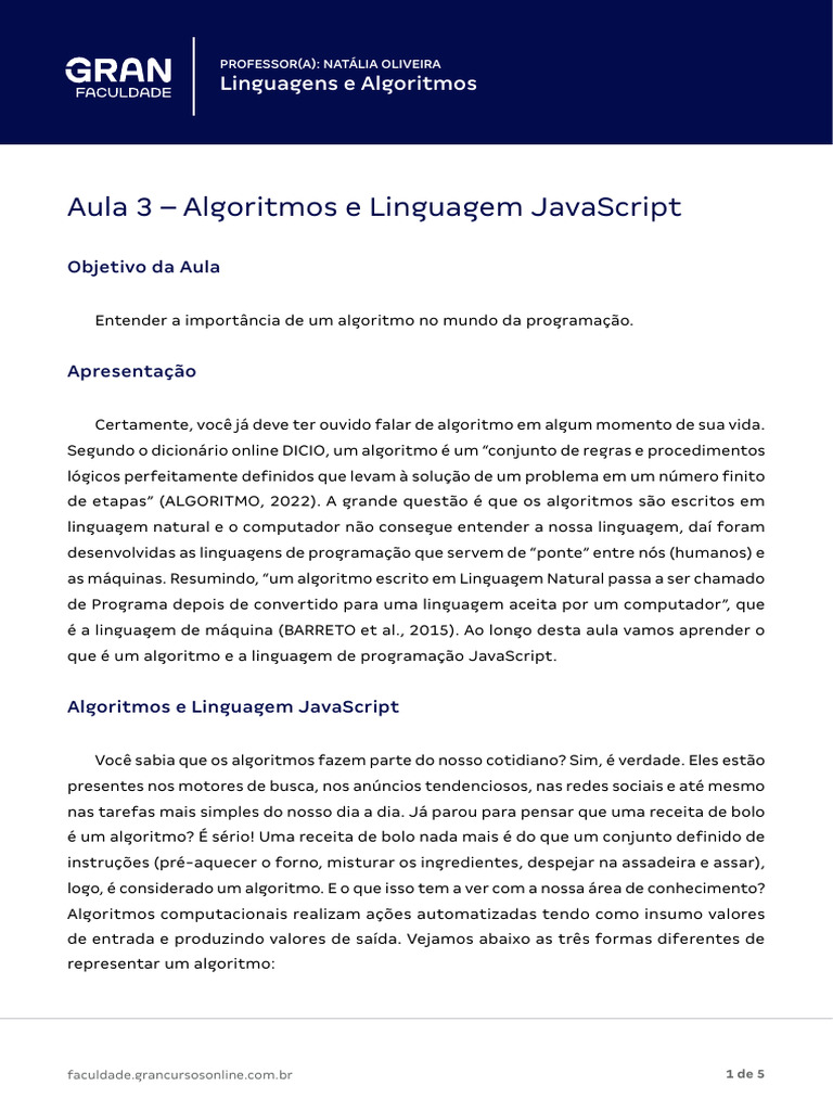 Apostila - Algoritmos e Linguagem JavaScript | PDF