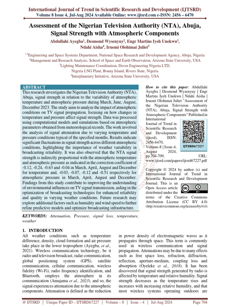 Assessment of The Nigerian Television Authority NTA, Abuja, Signal ...
