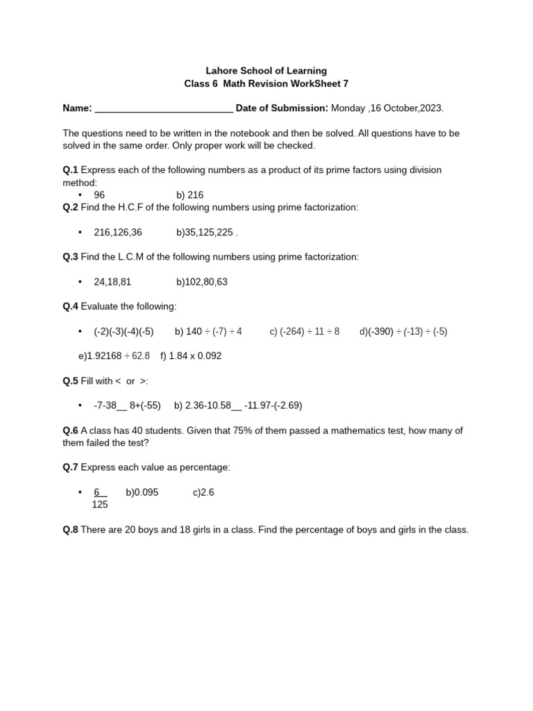 class 6 worksheet | PDF