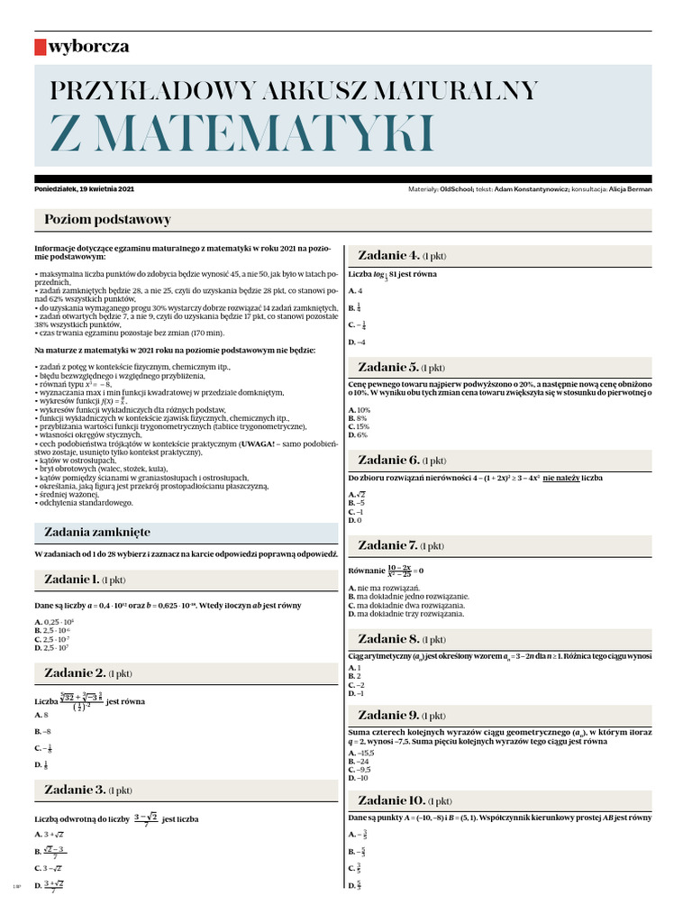 ,przykladowy Arkusz Maturalny Matematyka | PDF