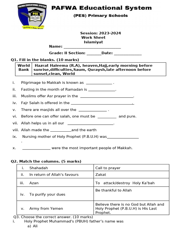 1st Term Islamiyat Grade 2 Worksheet Hira | PDF | Mecca | Mosque