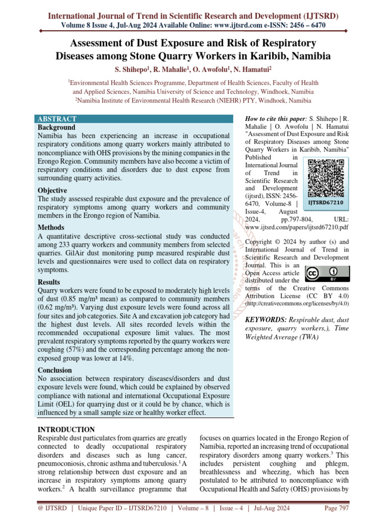 Assessment of Dust Exposure and Risk of Respiratory Diseases Among Stone Quarry Workers in ...