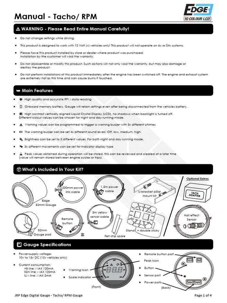 JRP Edge 52mm Tacho Shift Light Manual 2023 2 3 | PDF