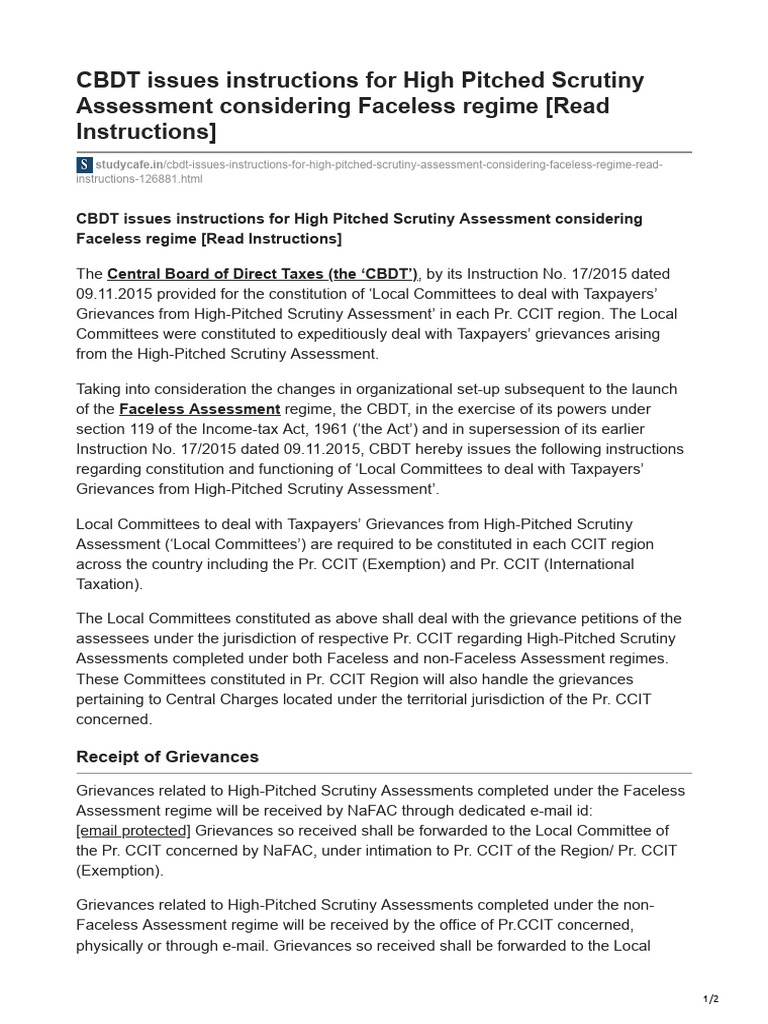 CBDT Issues Instructions For High Pitched Scrutiny Assessment Considering Faceless Regime Read ...