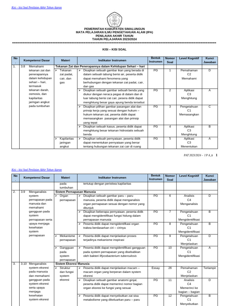 Kisi - Kisi Soal PAT IPA Kelas 8 Genap TP. 2023-2024 | PDF