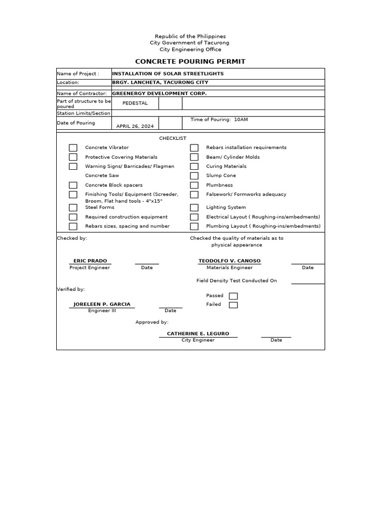 Concrete Pouring Permit 1 | PDF