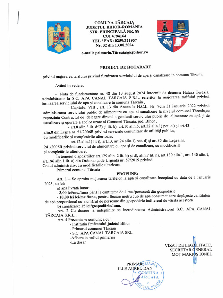 Proiect de Hotarare Modificare Pret Apa Si Canalizare 1 Ianuarie 2025 | PDF