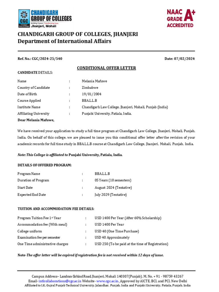 Melania Mafuwe Offer Letter of BBA - LLB | PDF | Punjab | Career & Growth