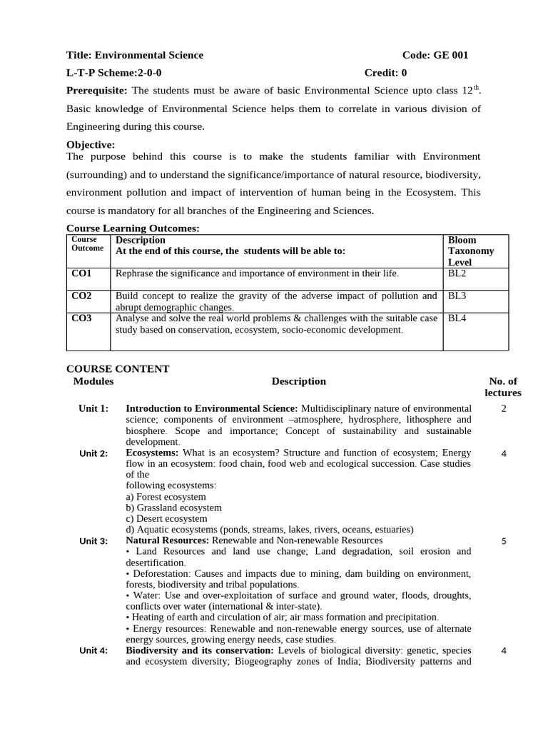 EVS Syllabus With Updated COs With BLs | PDF