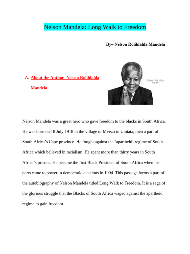 Nelson Mandela - Long Walk To Freedom - Extra Questions and Notes | PDF