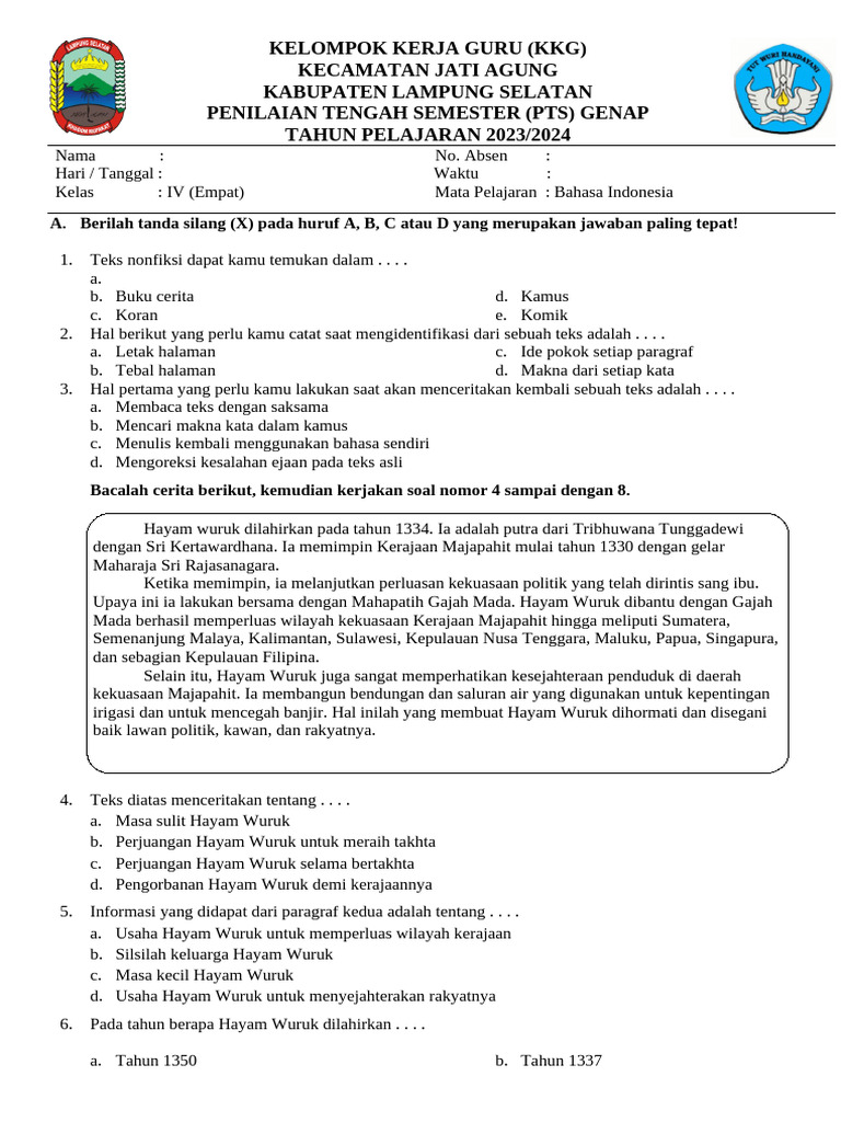 Soal PTS KLS 4 Genap Bahasa Indonesia | PDF
