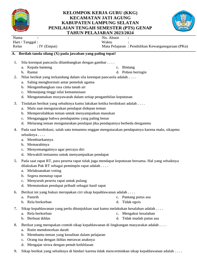 Soal PTS KLS 4 Genap PKN | PDF