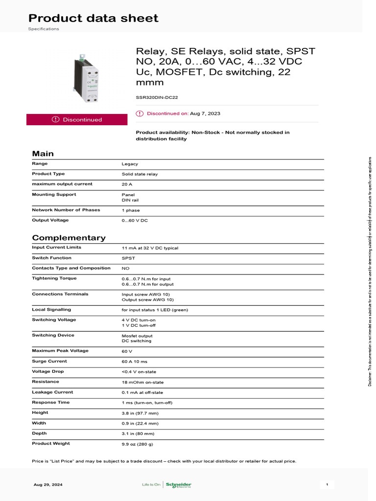 Schneider Electric - SE-Relays-Solid-State-Relays - SSR320DIN-DC22 | PDF
