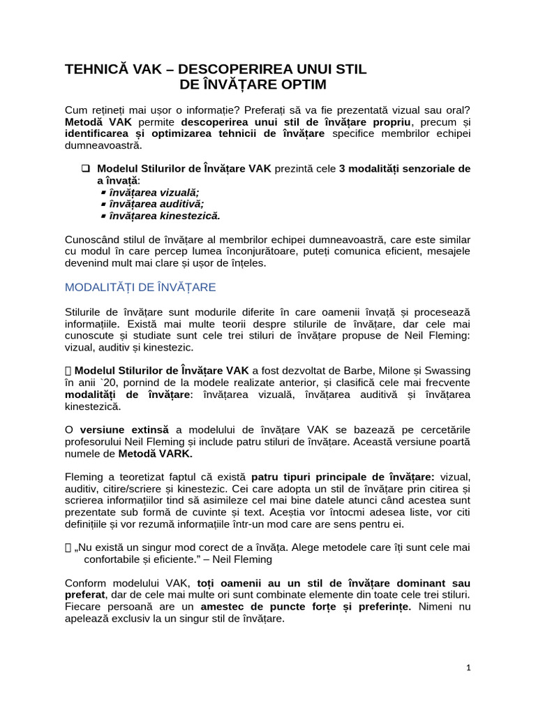 Tehnica Vak-Stil de Invatare Optim | PDF