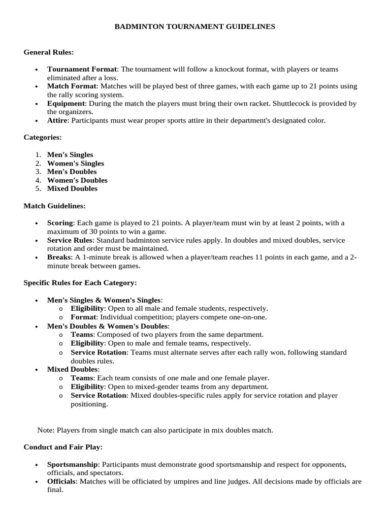Badminton Tournament Guidelines | PDF