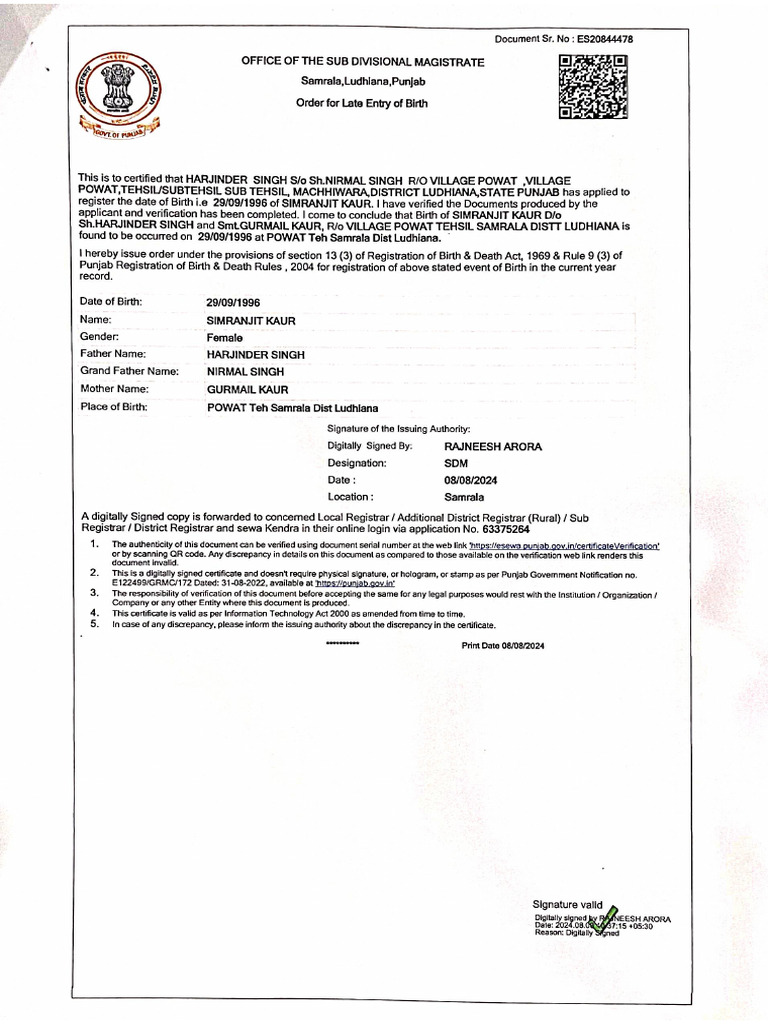 Simranjit Kaur Late Entry Birth Certificate | PDF