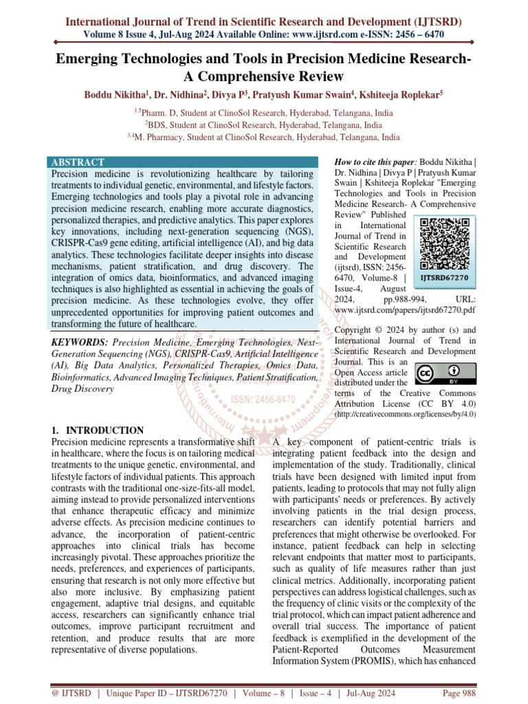 Emerging Technologies and Tools in Precision Medicine Research A ...