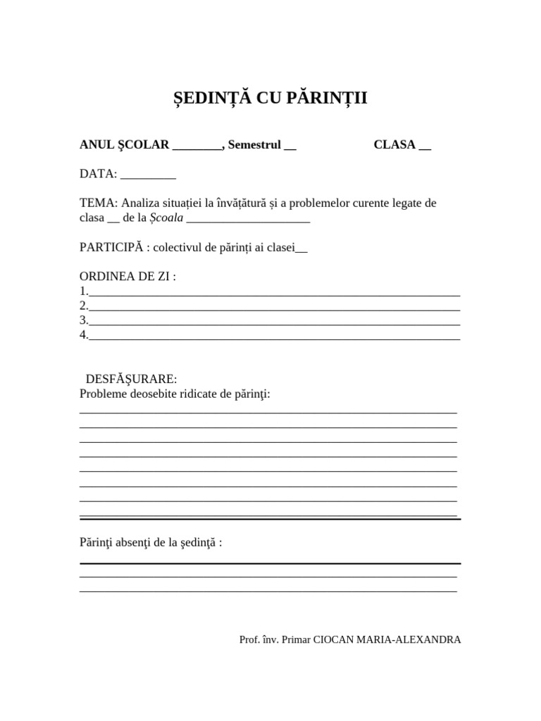 Model Proces Verbal Sedinta Cu Parintii | PDF