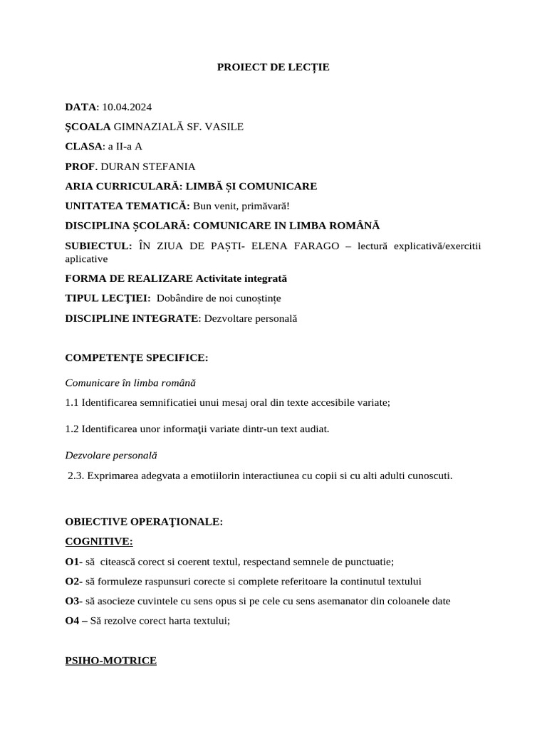 Plan de Lectie Clasa 2 | PDF