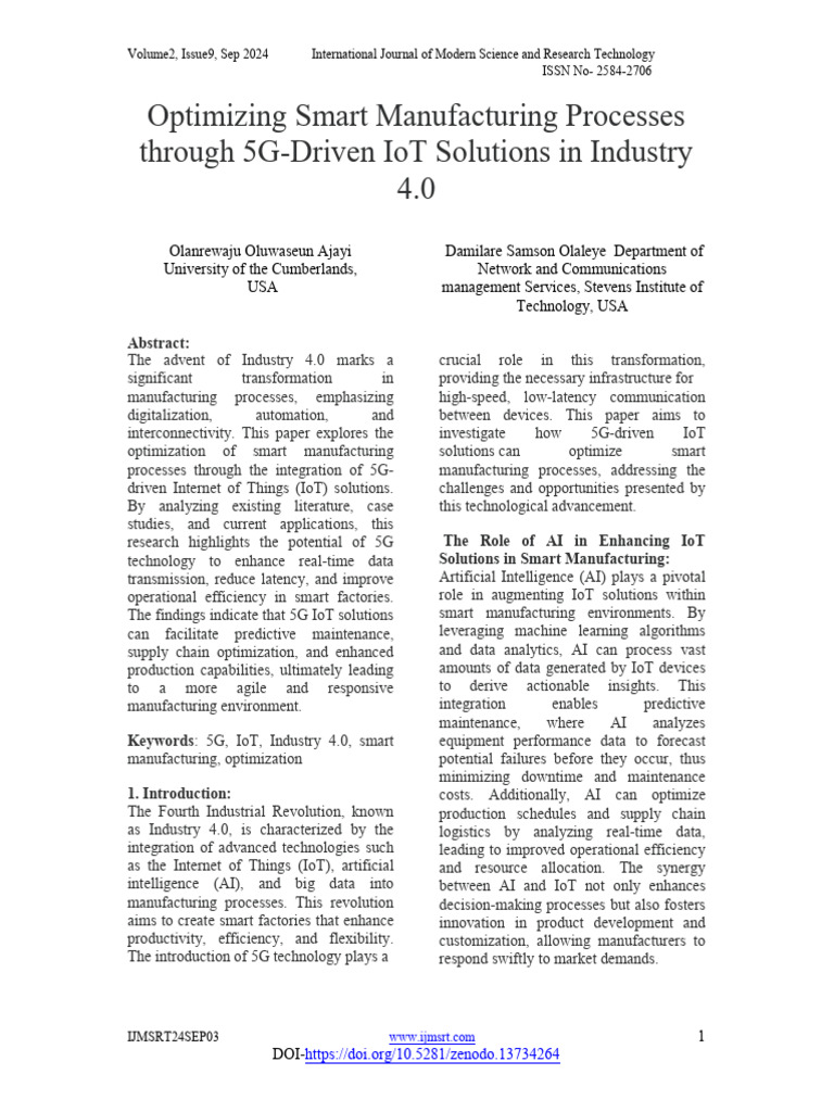 Optimizing Smart Manufacturing Processes Through 5G-Driven IoT Solutions in Industry 4.0 | PDF ...