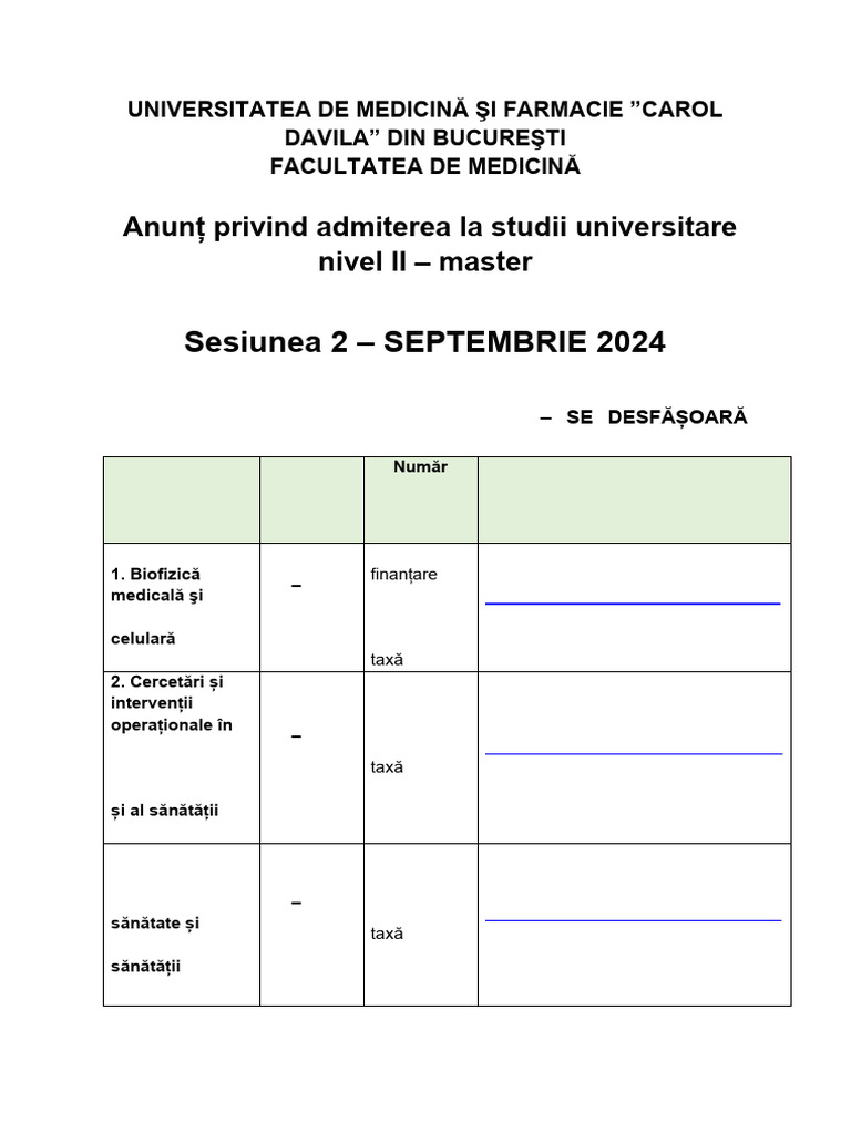 Anunt Admitere Master Septembrie 2024 - Trimis | PDF