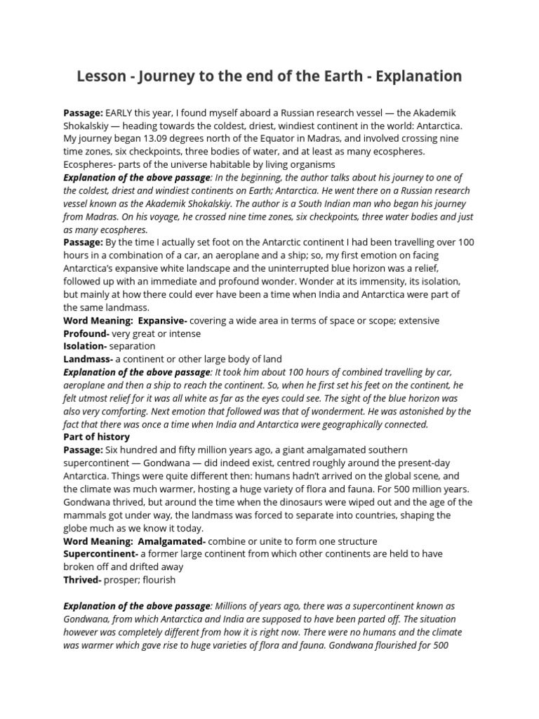 Lesson - Journey to the end of the Earth - Explanation | PDF