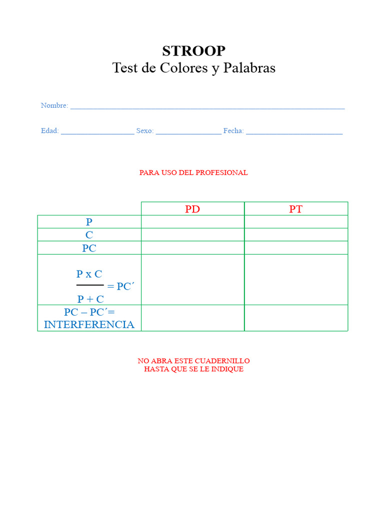 Test Stroop Test de Colores y Palabras | PDF
