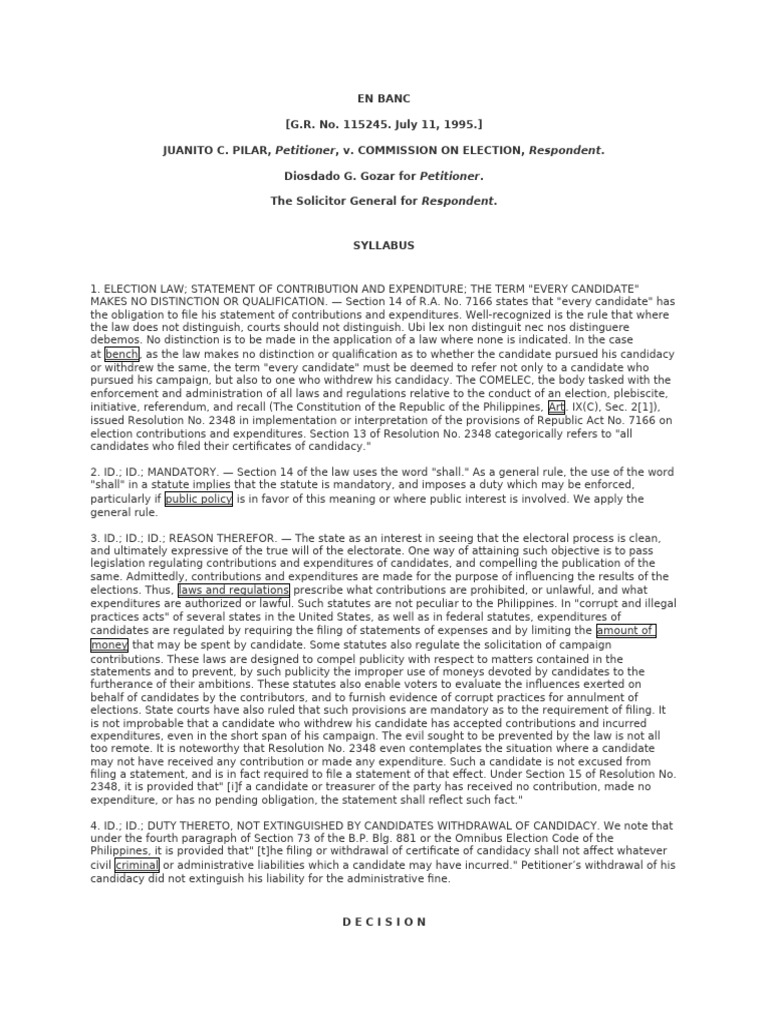 Jurisprudence - Pilar vs. COMELEC, 1995 SOCE | PDF