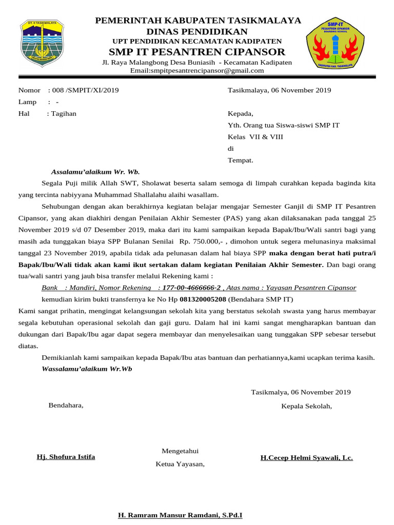 Surat Penagihan SPP Sekolah | PDF